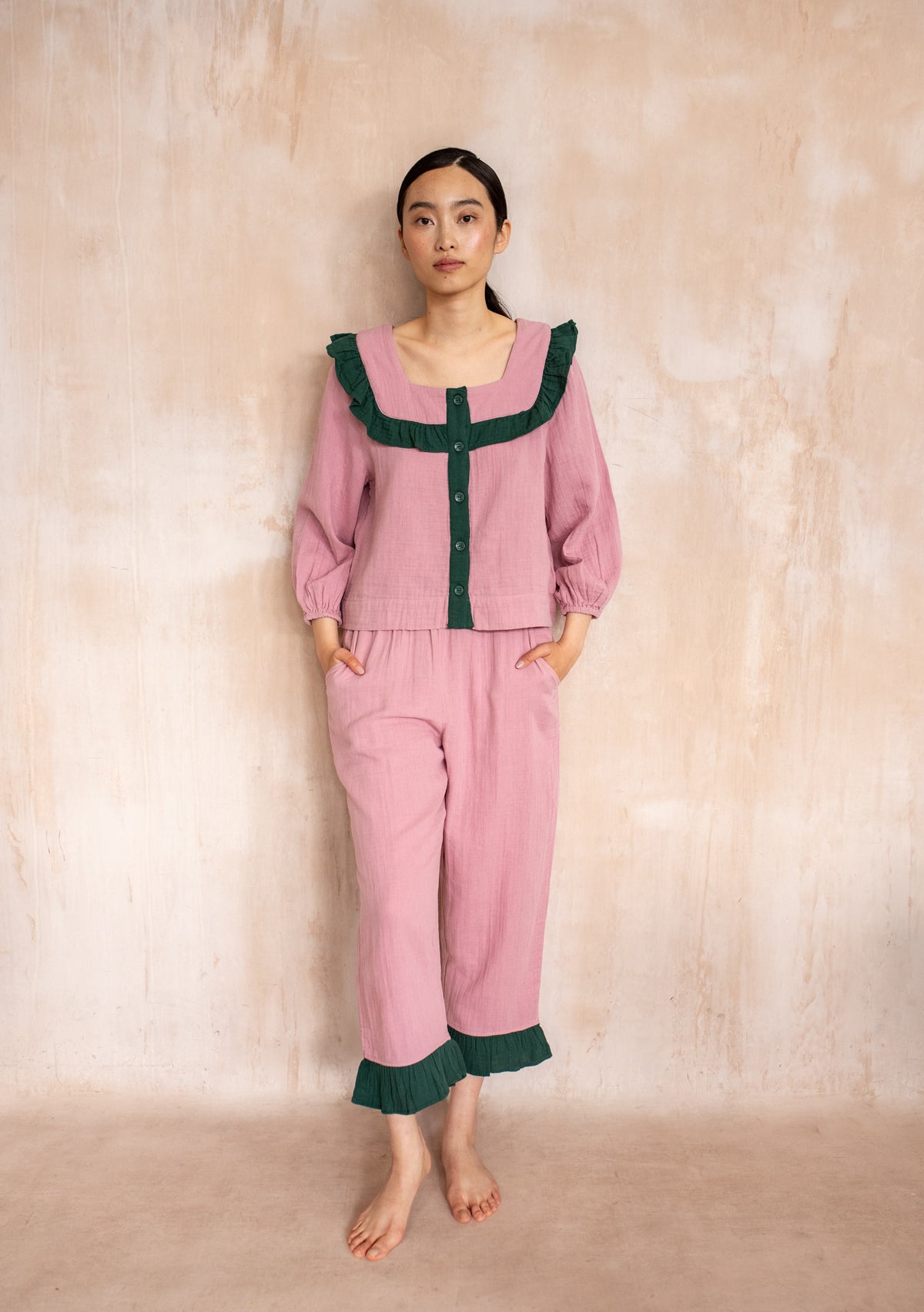 TBCo Women's Long Cotton Pyjamas in Pink & Green Ruffle