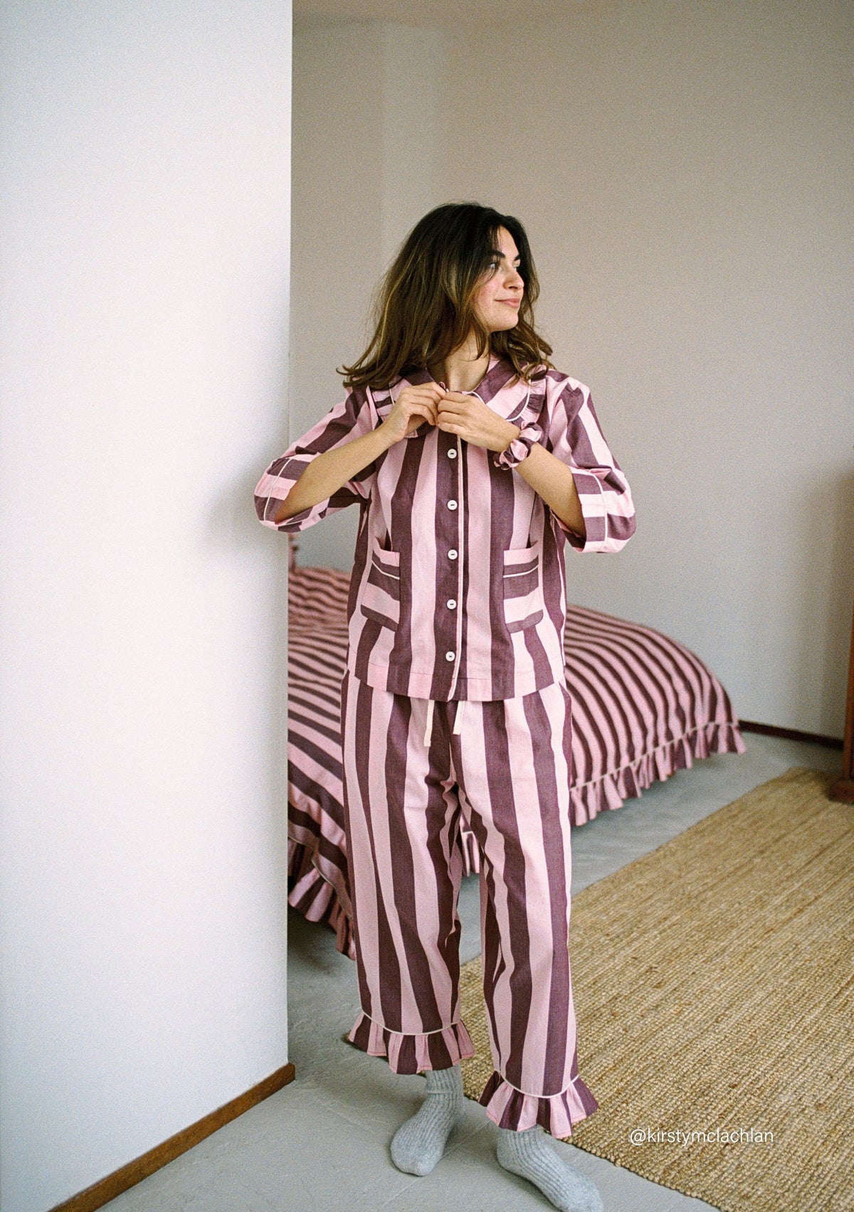 TBCo Cropped Cotton Women's Pyjamas in Pink & Burgundy Stripe