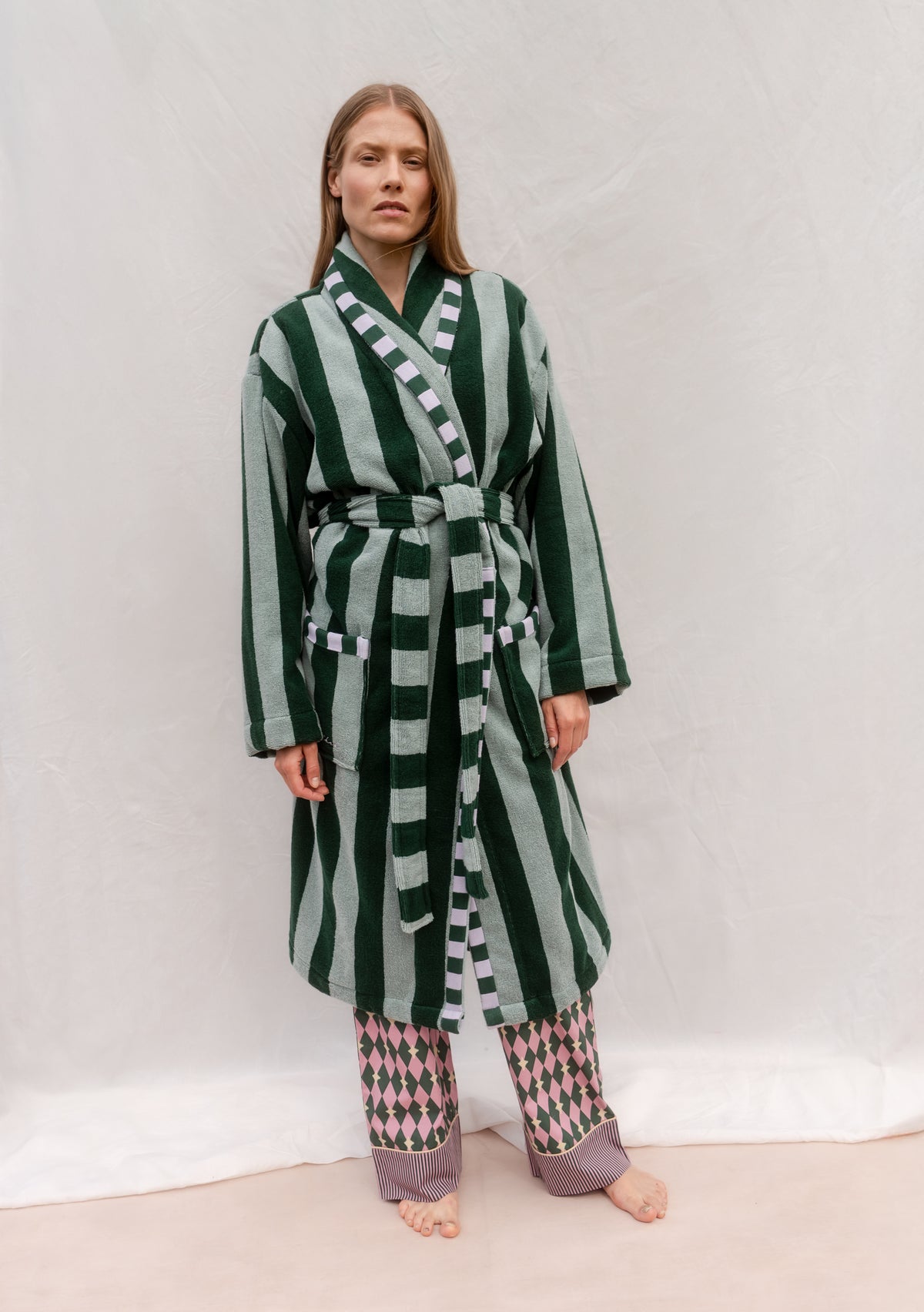 TBCo Terry Cotton Towelling Bath Robe in Green Stripe