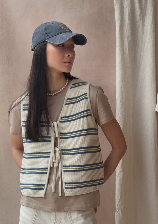 TBCo | Women's Cotton Knitted Vest in Blue & Cream Stripe